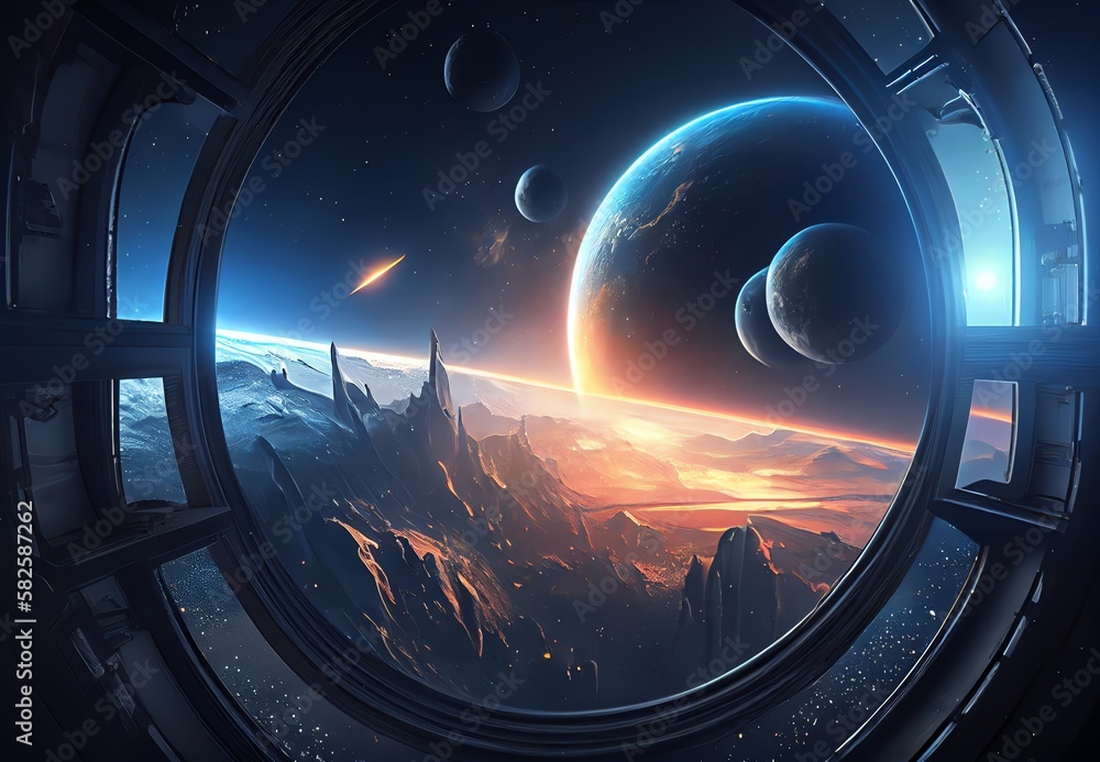 viewing planets from a spaceship window, moons in orbit around an alien ...