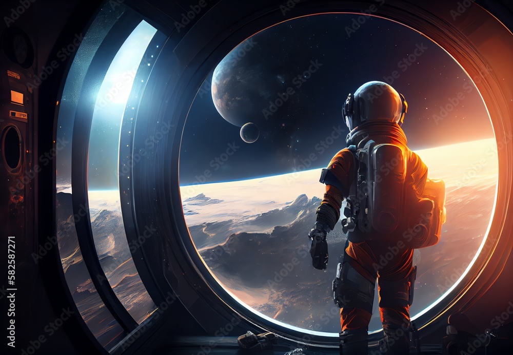 astronaut in space viewing planets from a spaceship window, generative ...