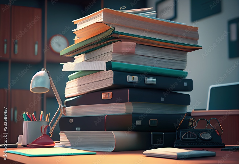 Big stacks of files piled on a desk, big workload. Generative AI ...