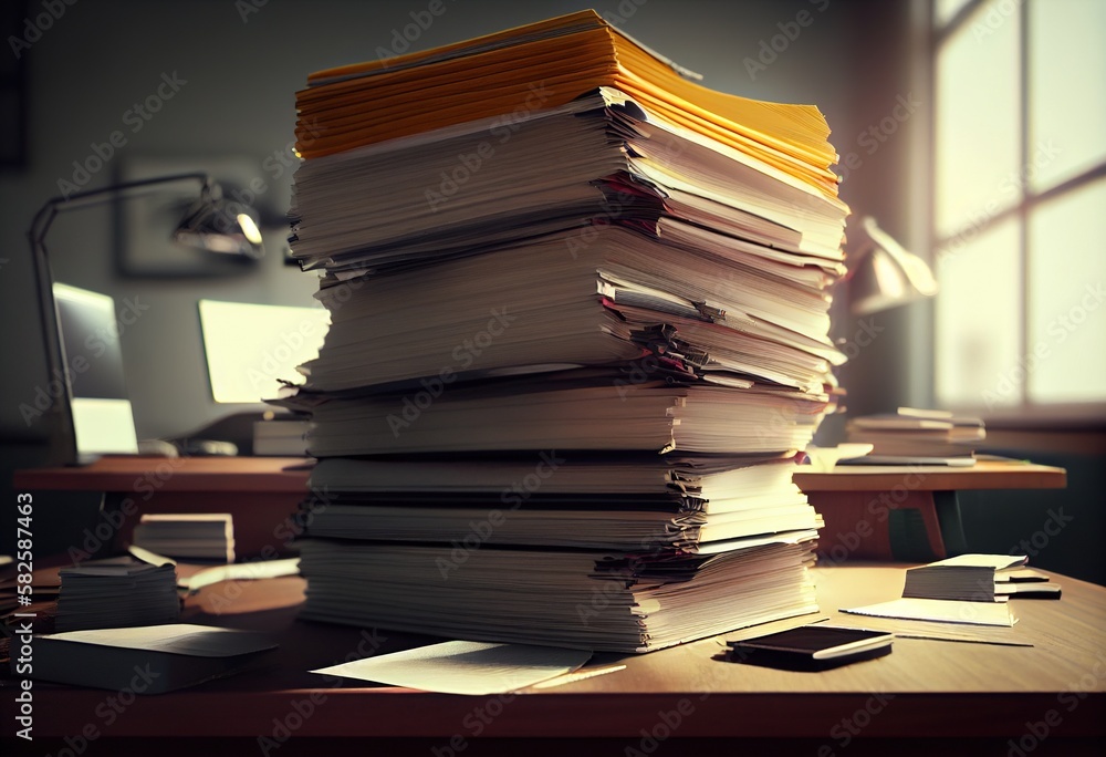 Big stacks of files piled on a desk, big workload. Generative AI ...