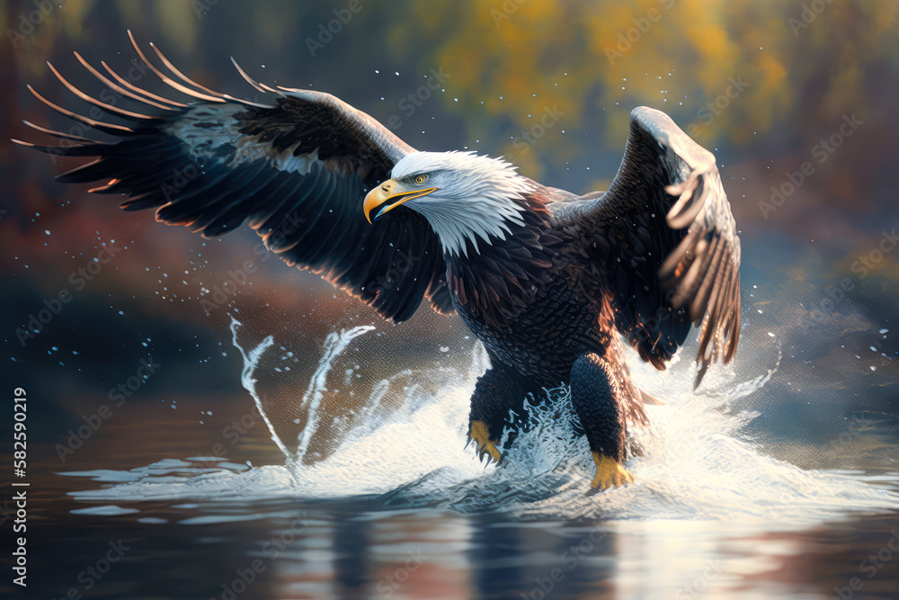 A majestic bald eagle swooping down to catch a fish in its talons, with ...