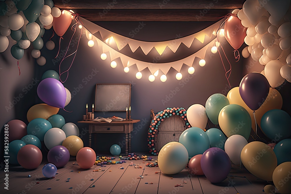 Party background with balloons and candles. Birthday theme. Generative ...