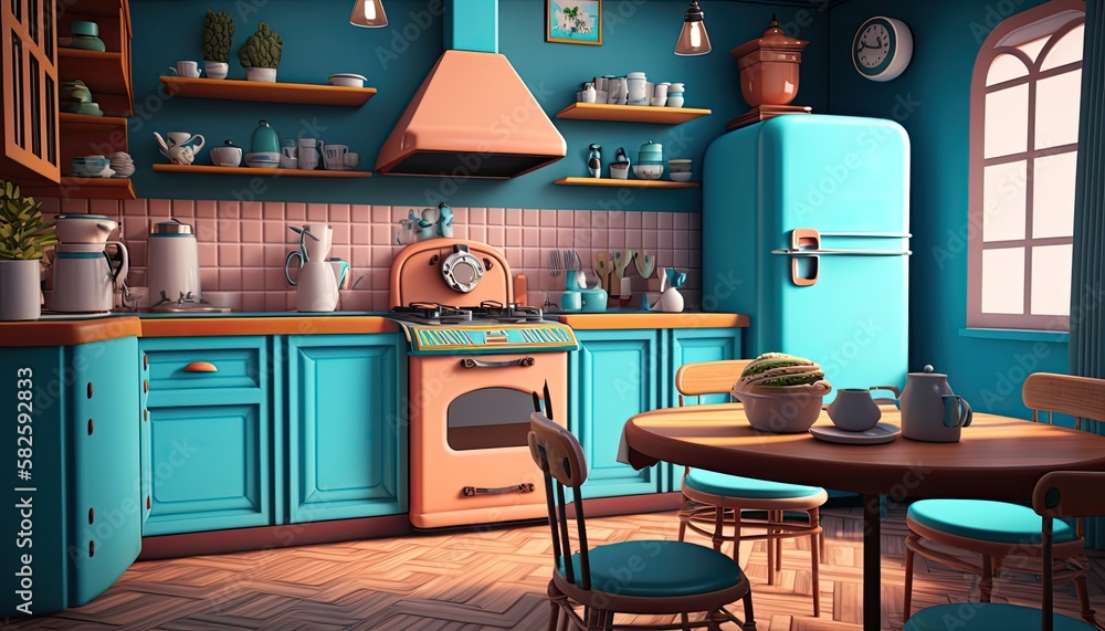 Cartoon style 3D kitchen model. Kitchen with dining room. Generative AI ...