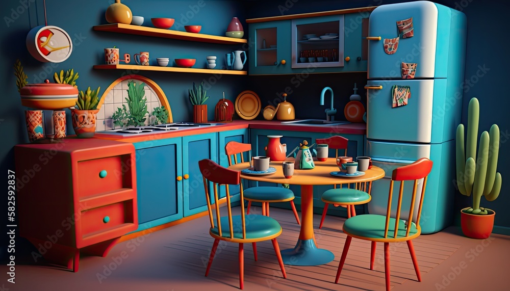 Cartoon style 3D kitchen model. Kitchen and dining room. Generative AI ...