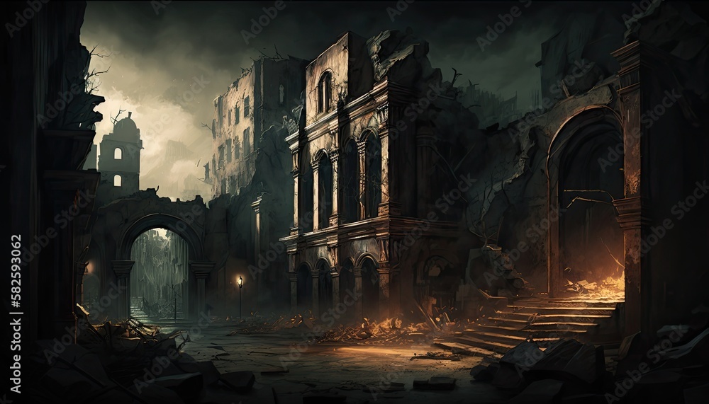 Roman styled medieval city in ruins. Ancient city after an apocalypse ...