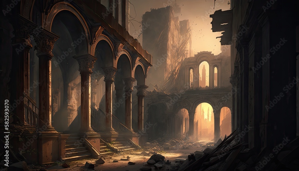 Roman styled medieval city in ruins. Ancient city after an apocalypse ...