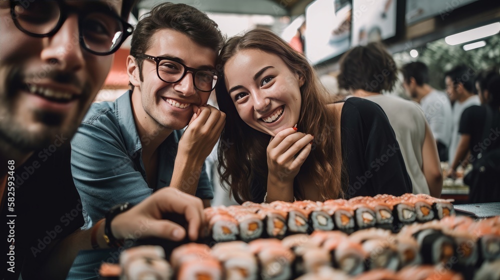 ภาพประกอบสต็อก Sushi lovers - people in a Japanese restaurant eating ...