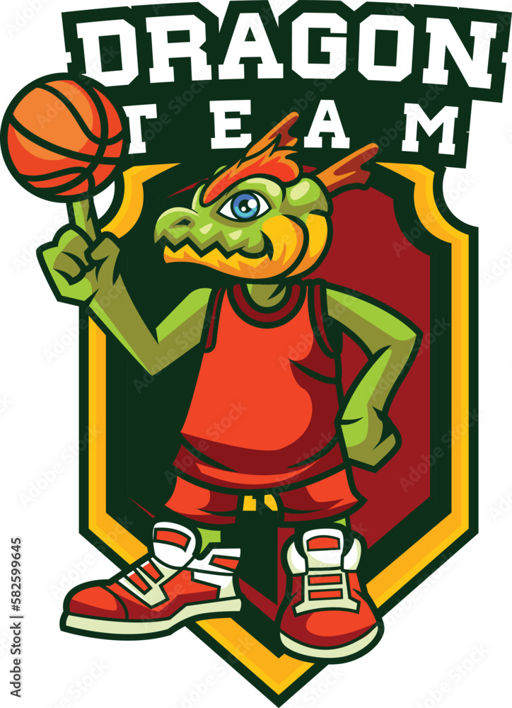 Vector illustration of dragon mascot with basketball player pose with ...