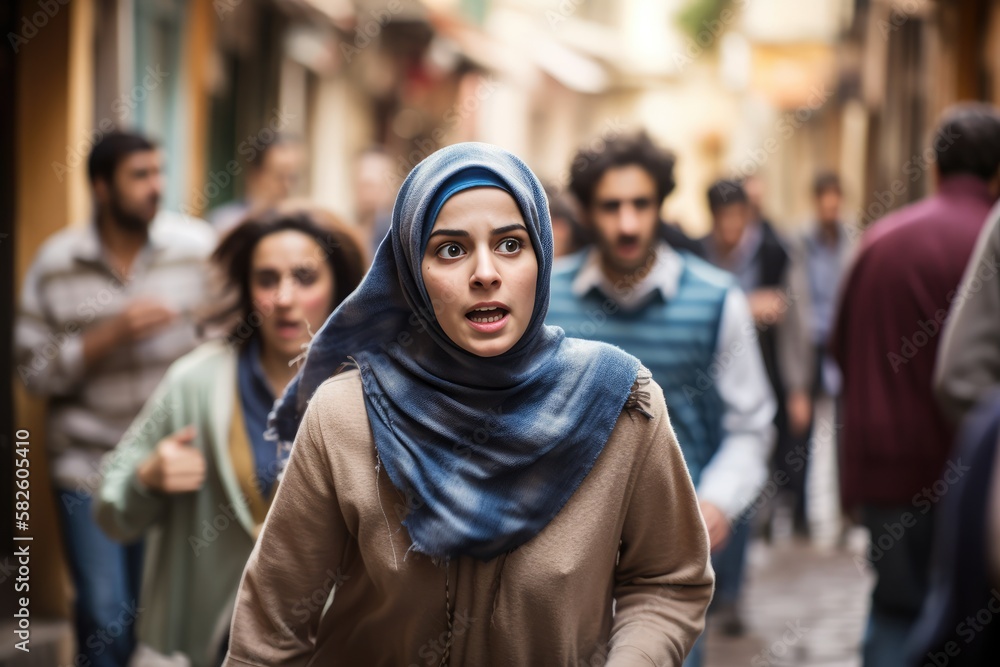 Muslim young woman wearing a hijab running in the street of a Middle ...