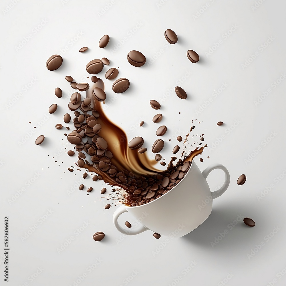 Coffee beans scattered on a white background in a white coffee cup ...
