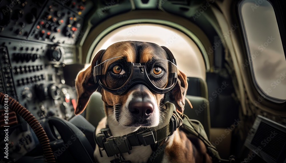 dog pilot wearing uniform and safety glasses control aircraft military ...