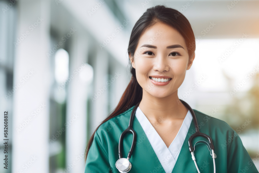 Confident female doctor in scrubs holding stethoscope with a bright ...