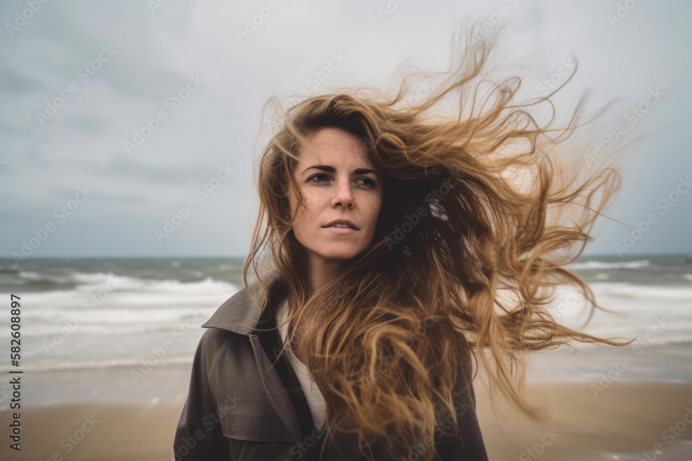 Confident woman on a wild beach, with windblown hair and a strong ...