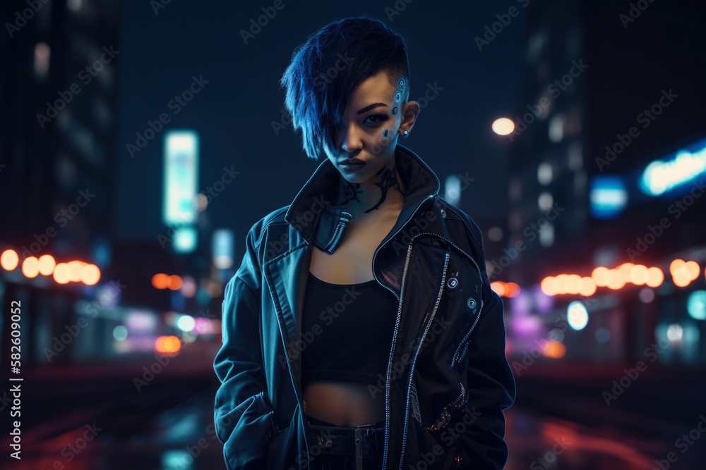 Cyberpunk neon assassin with a serious expression and sleek outfit, set ...