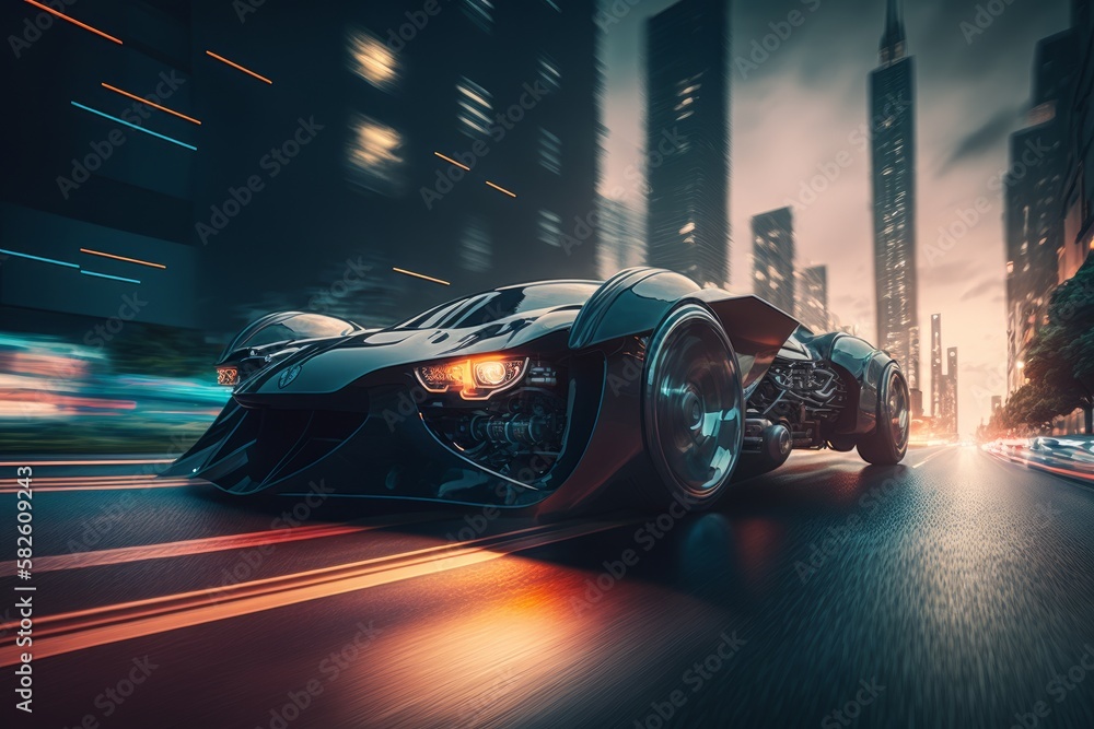 Futuristic Concept Car Roaming High-Tech City with Cinematic Motion ...