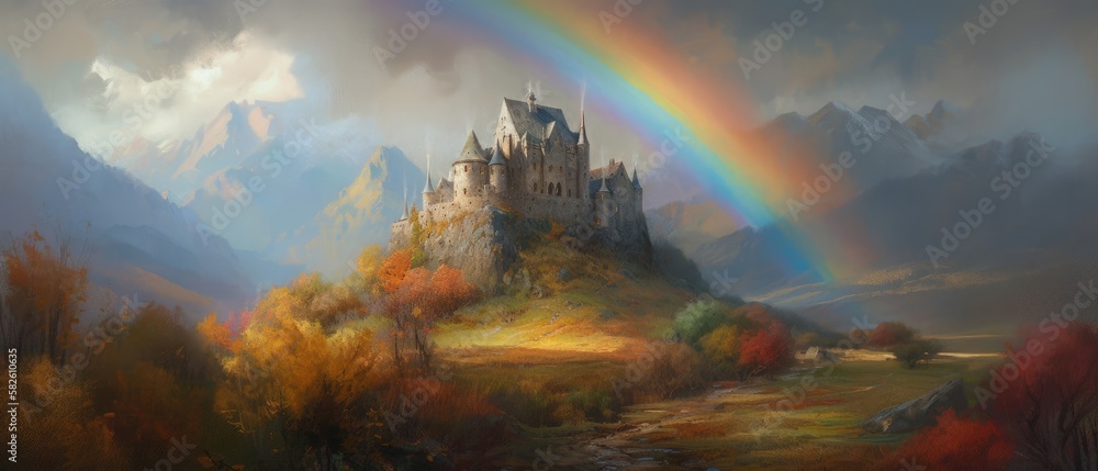 Fantasy fairytale castle on a rocky hill with fortified walls, towering ...