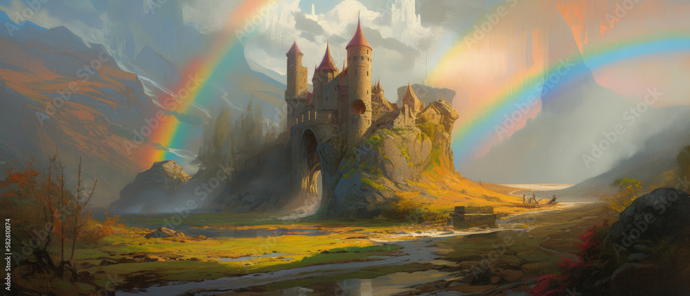 Fantasy fairytale castle on a rocky hill with fortified walls, towering ...