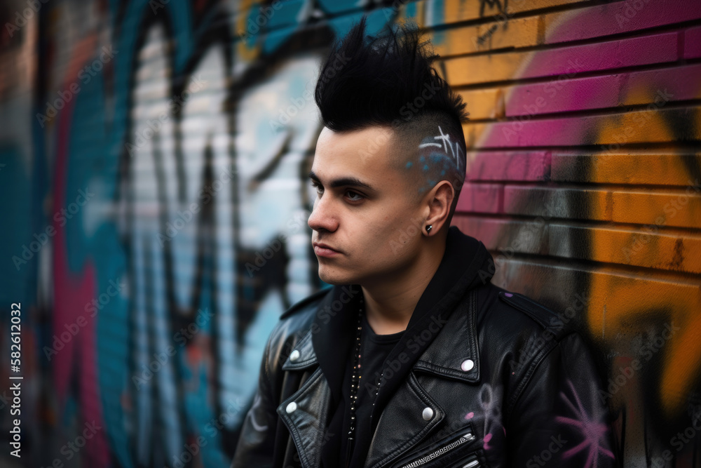 Punk Power portrait of a man with a mohawk and a black leather jacket ...
