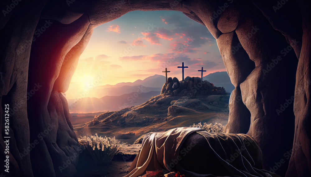 Empty tomb of Jesus Christ. Crucifixions in the rays of the sun ...