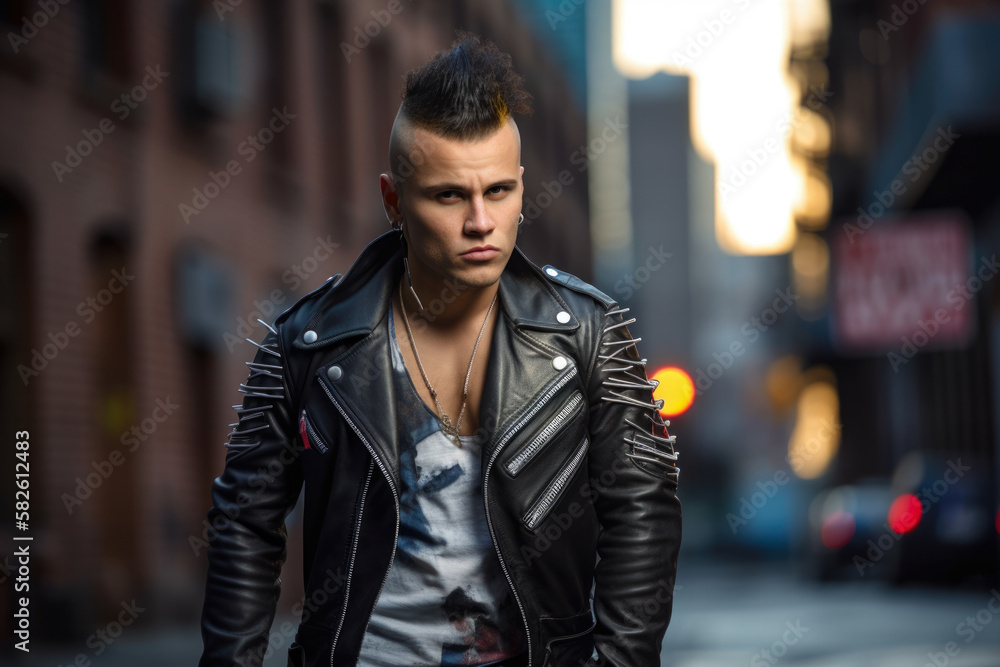 Rebel with a Cause man with a mohawk and a black leather jacket posing ...