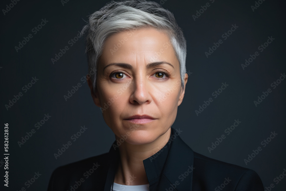 Serious portrait of a woman in her 40s with short gray hair, wearing a ...
