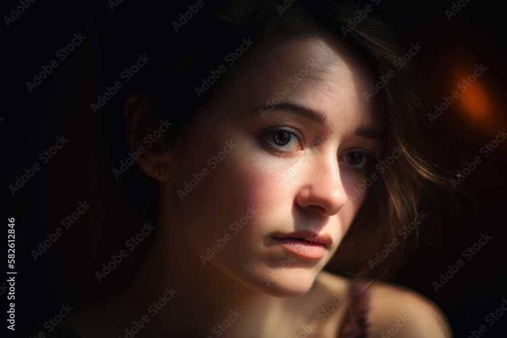 Shy and demure portrait of a woman with soft features, looking down and ...