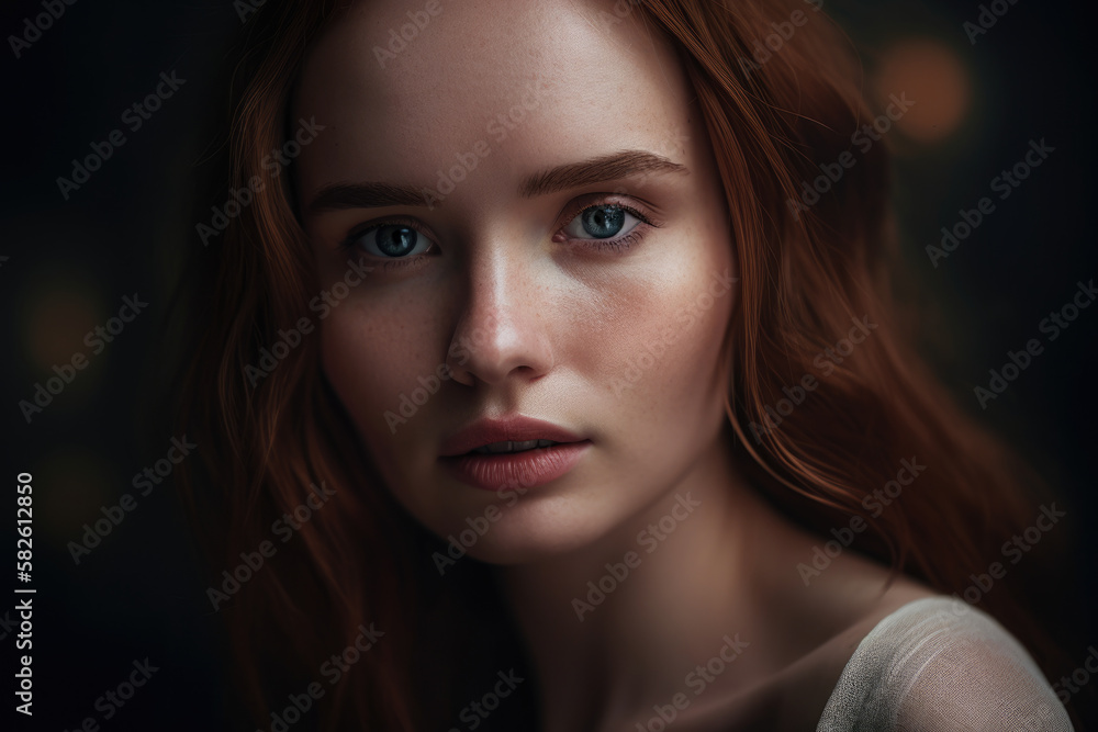 Shy and demure portrait of a woman with soft features, looking down and ...