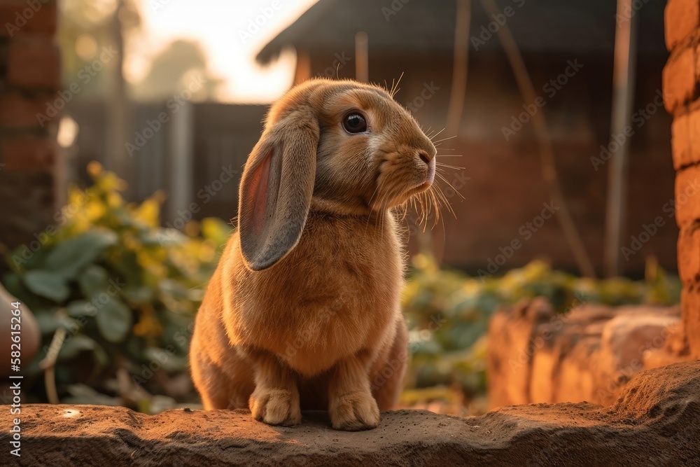 Holland Around dawn, a brown, cuddly lop eared rabbit is sitting on the ...