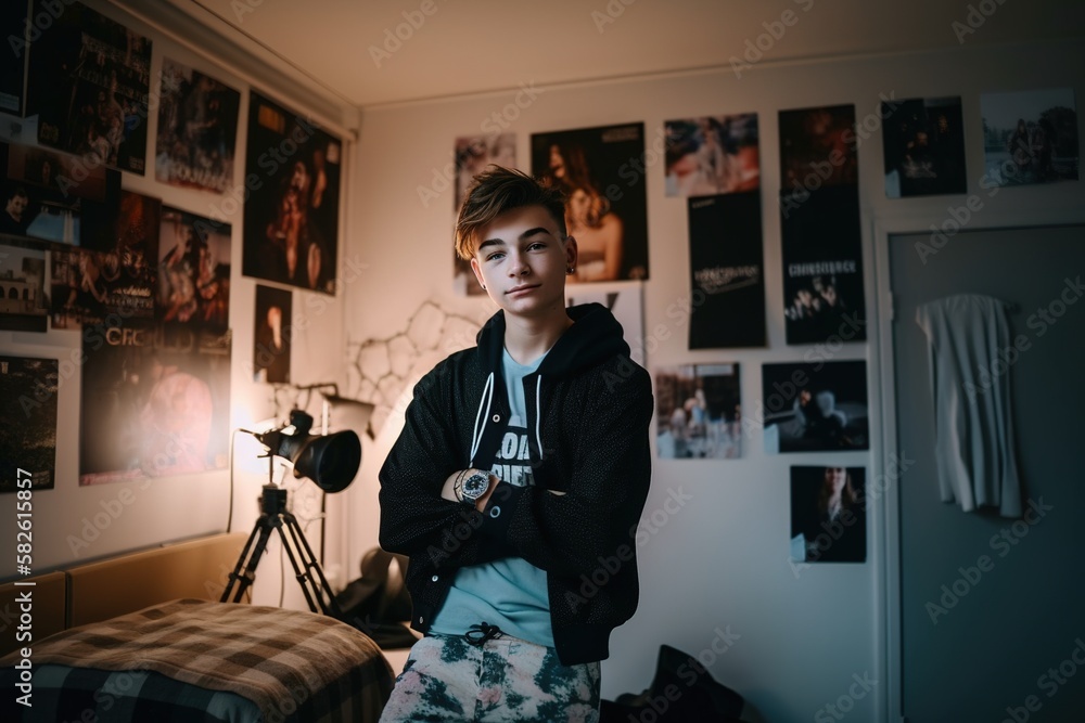 teenager boy influencer in his room, looking good and fierce, enhanced ...