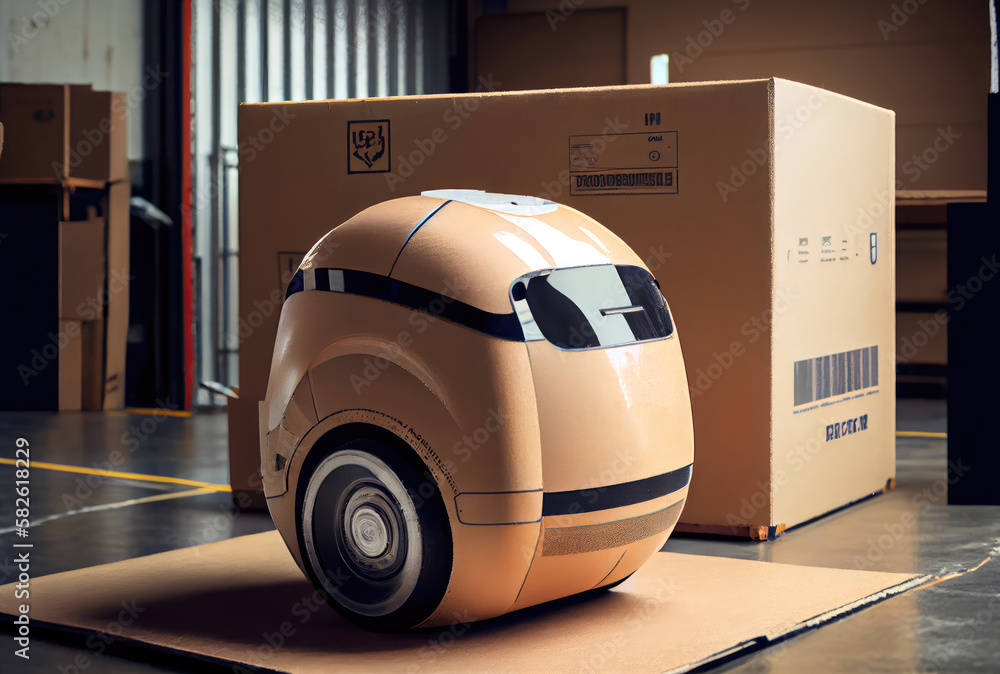Robot AGV transporting cardboard box in warehouse background ...