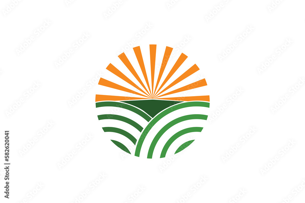 farm logo design. organic product. sun and green field. minimal vector ...
