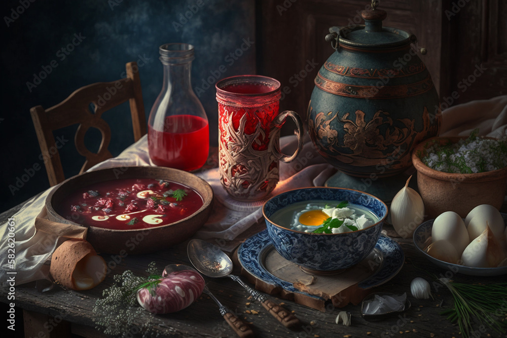 Russian cuisine with Russian products. lunch and national cuisine. Food ...