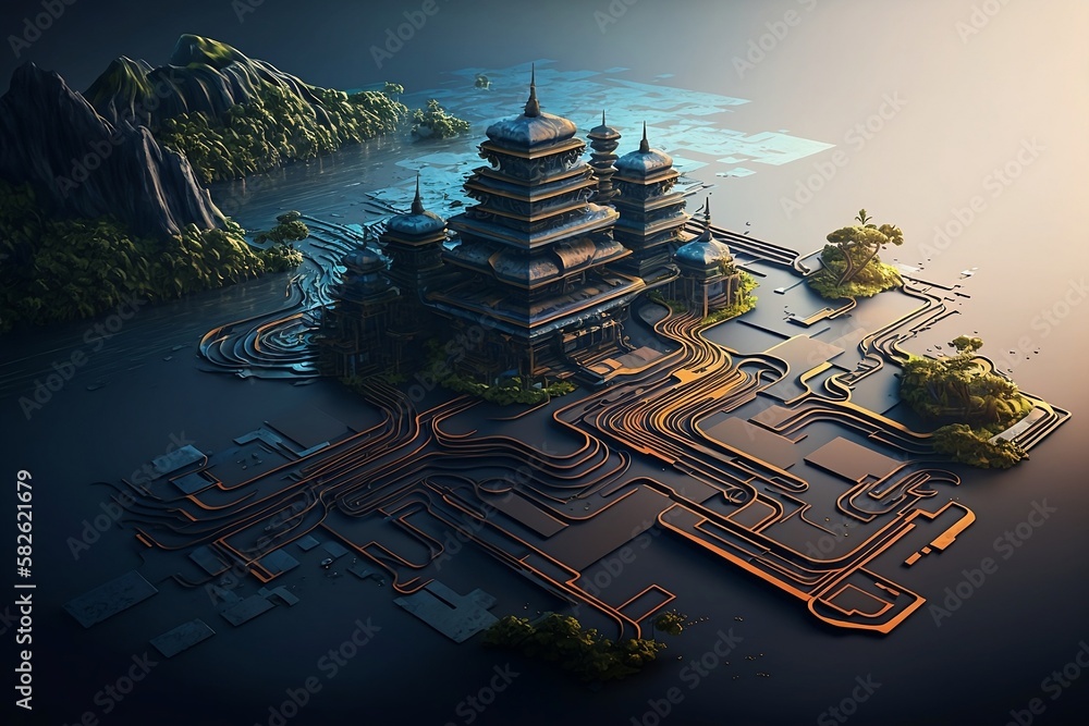Temples in the seas with mountains. Bali island 3d concepts with ...