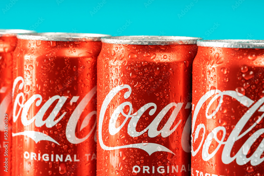 Cold can of Coca-Cola drink on blue background with water drops Stock ...