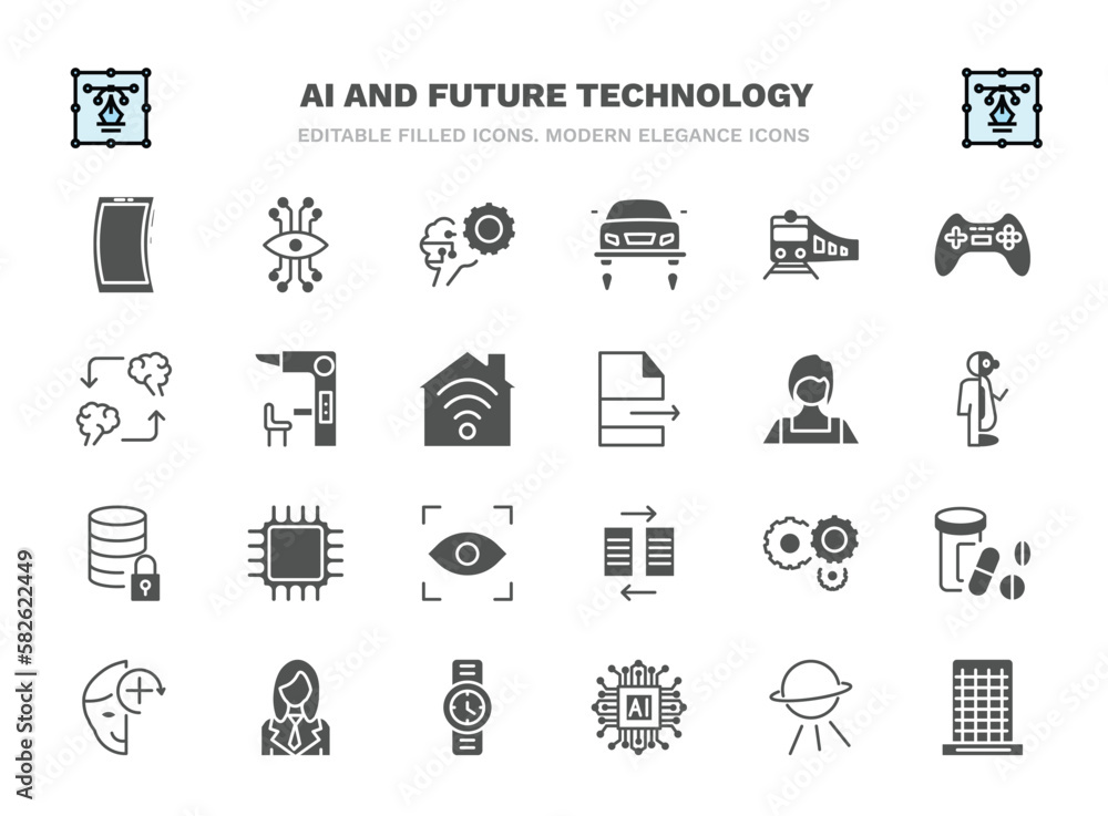 set of ai and future technology filled icons. ai and future technology ...