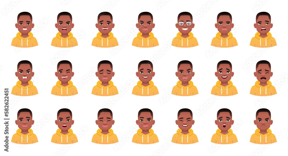 Set of different emotions of a cute black child. Facial expression of ...