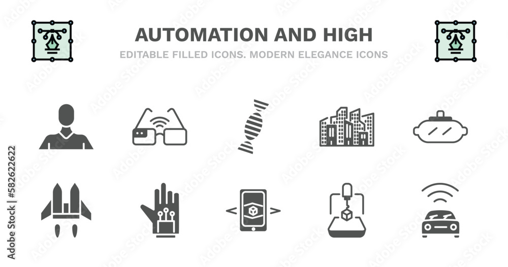 set of automation and high filled icons. automation and high glyph ...