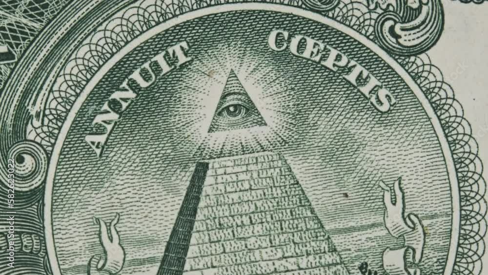 Mason sign symbol of the all-seeing eye sign rotates on a one dollar ...