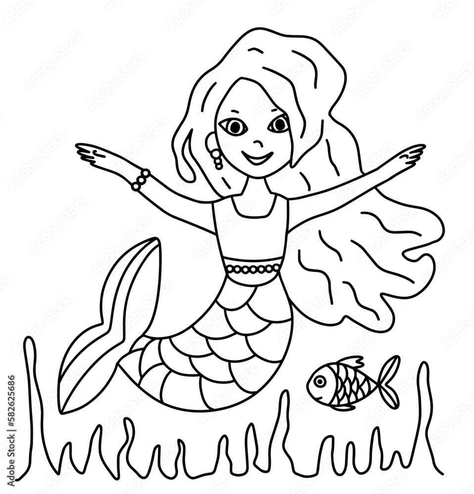 Little mermaid with fish in outline style. Colouring book page for kids ...