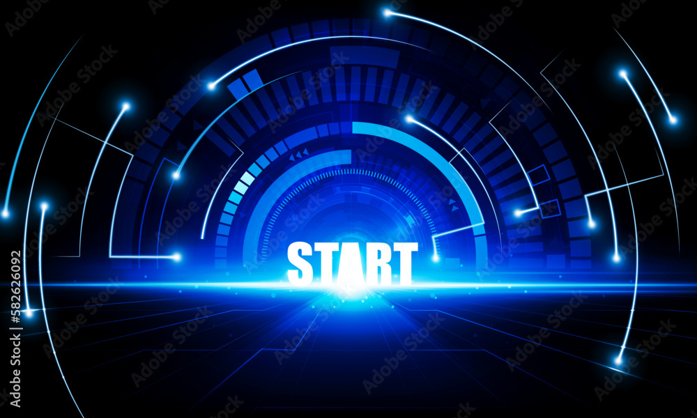 Abstract Door open start Light of technology background Hitech ...