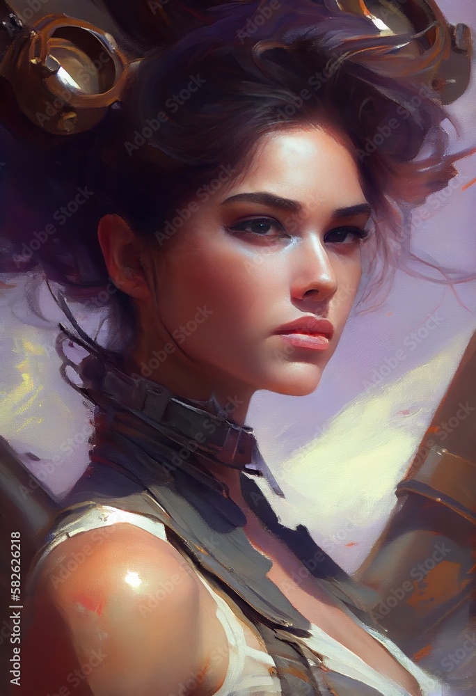 painting woman goggles head arc girl face details sharp portrait wonder ...