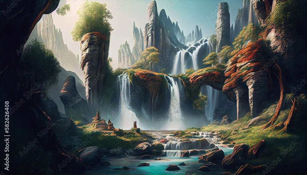 painting waterfall middle forest science fiction art wallpaper land ...