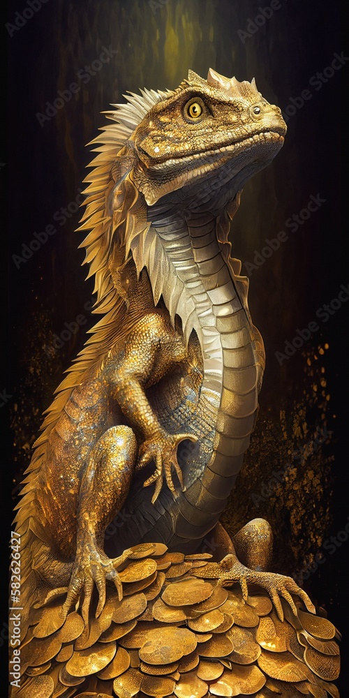 lizard sitting top pile gold coins dark fantasy cric portrait golden ...