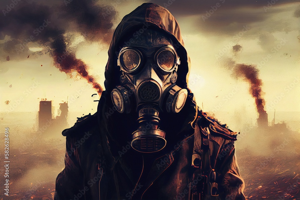 man wearing gas mask standing field apocalyptic city air particles them ...