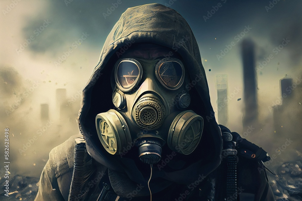 man wearing gas mask front city character splash art profile details ...
