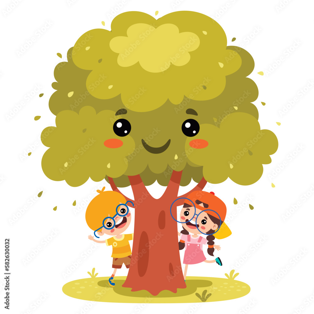 Cartoon Children Playing Under Tree Stock Vector | Adobe Stock