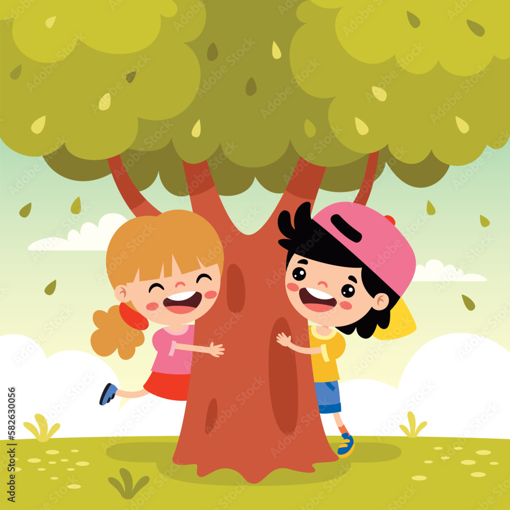 Cartoon Children Playing Under Tree Stock Vector | Adobe Stock