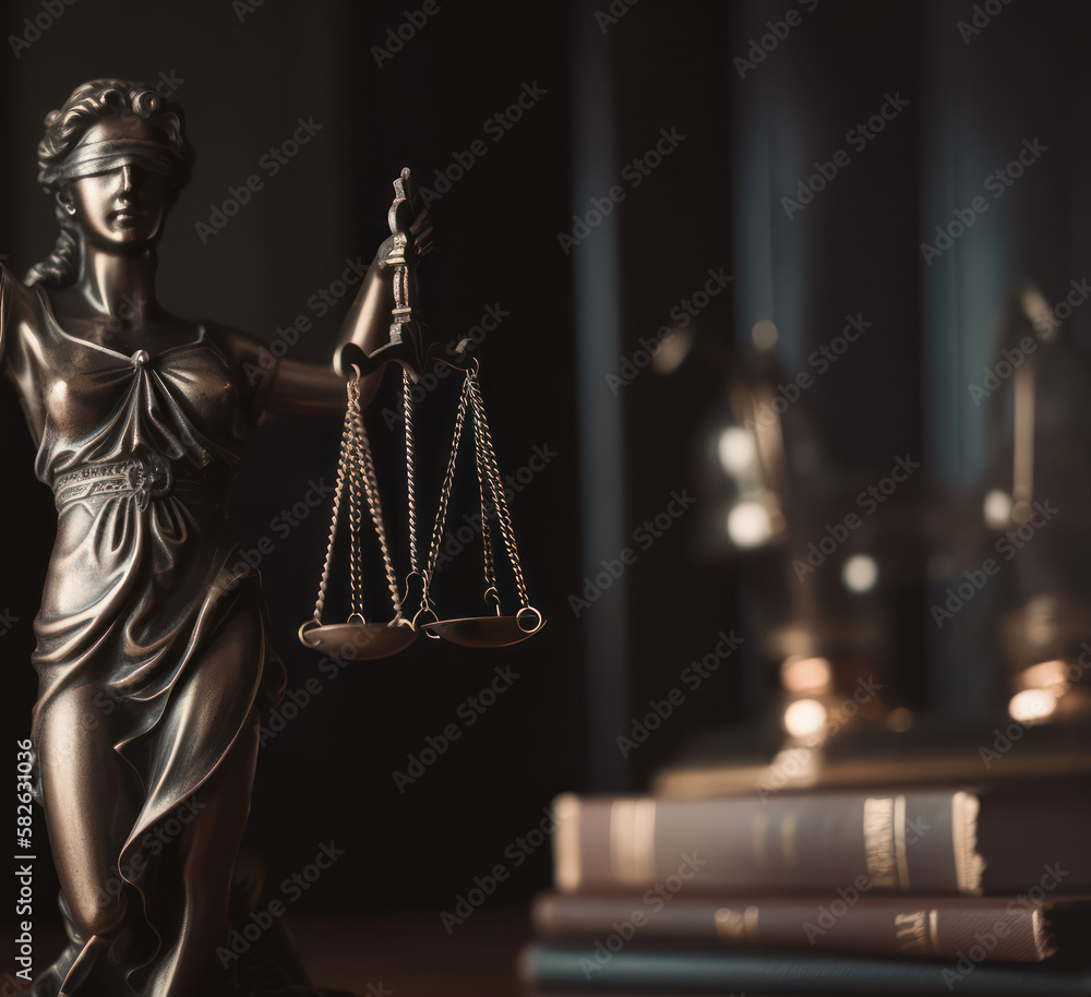 Judge office, Lady Justice with scales statue on office background. Law ...