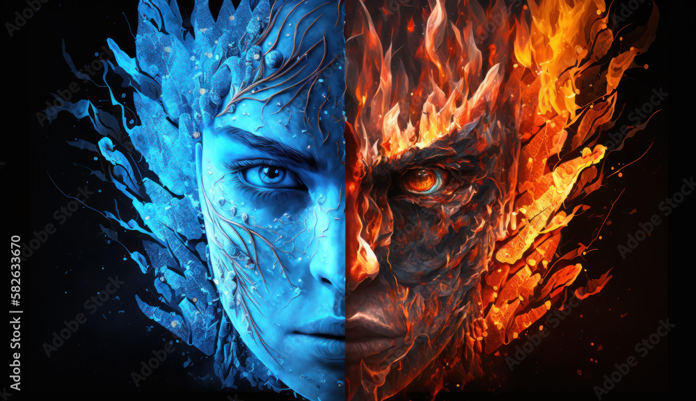 A woman with a fire and ice face, good and evil, two faces. Generative ...