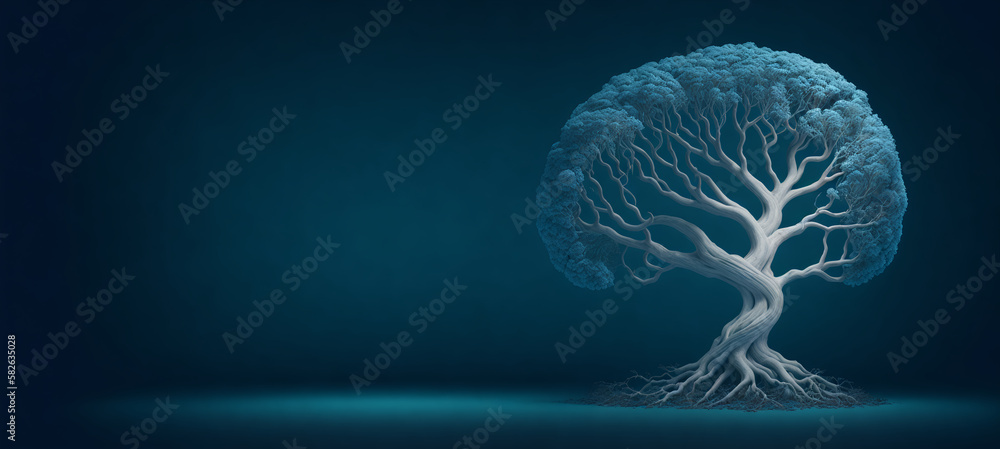 tree in the shape of the human brain on a blue background, creative ...
